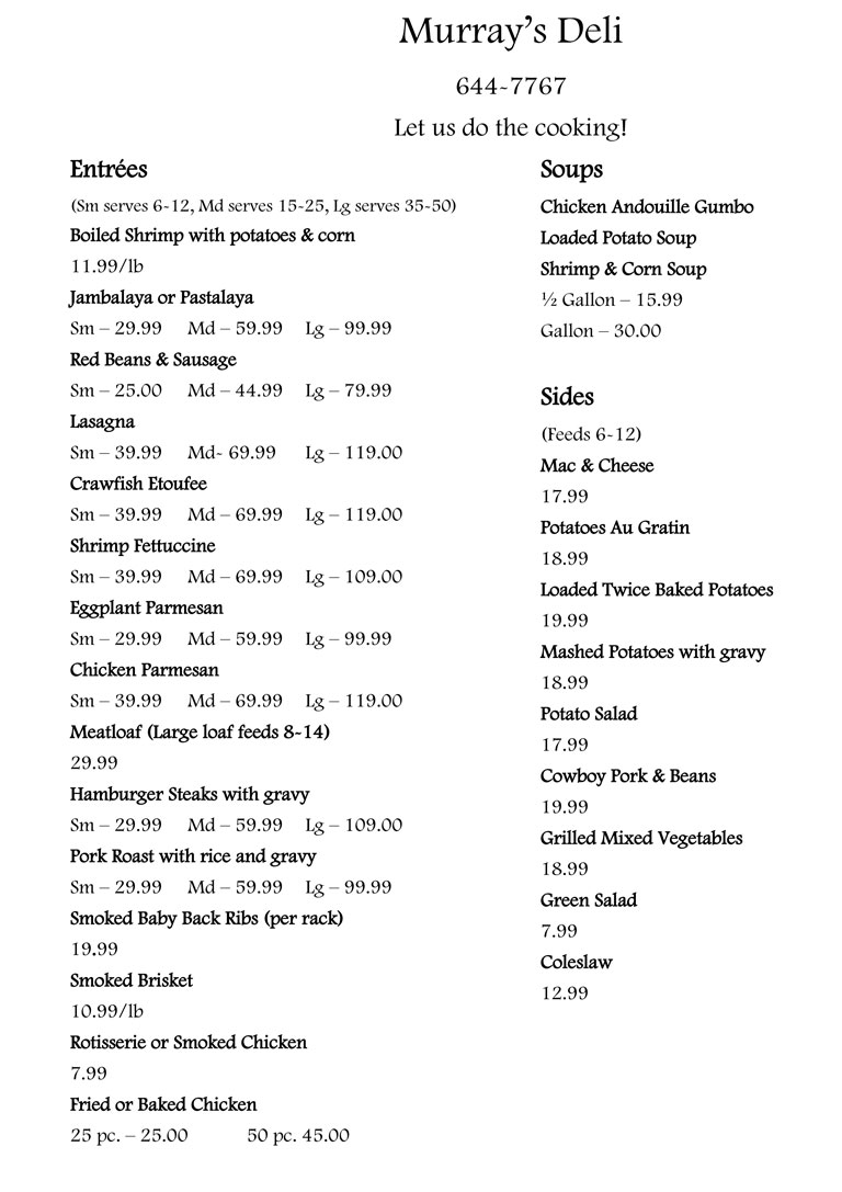 Murray’s Market | Sunday BBQ | Deli Menu | Jambalaya | Grab and Go ...